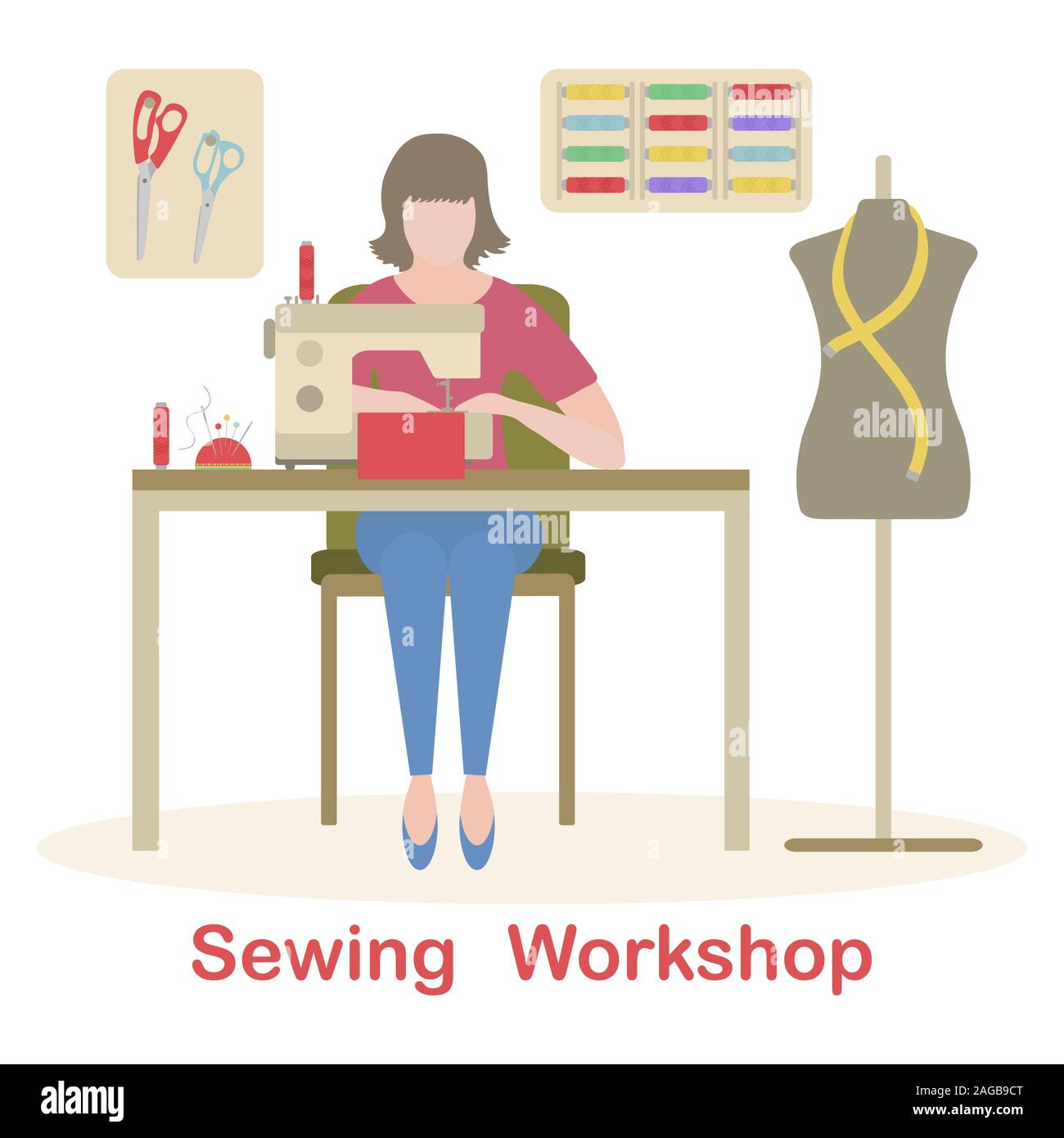 Vector illustration on white background Woman seamstress works on ...