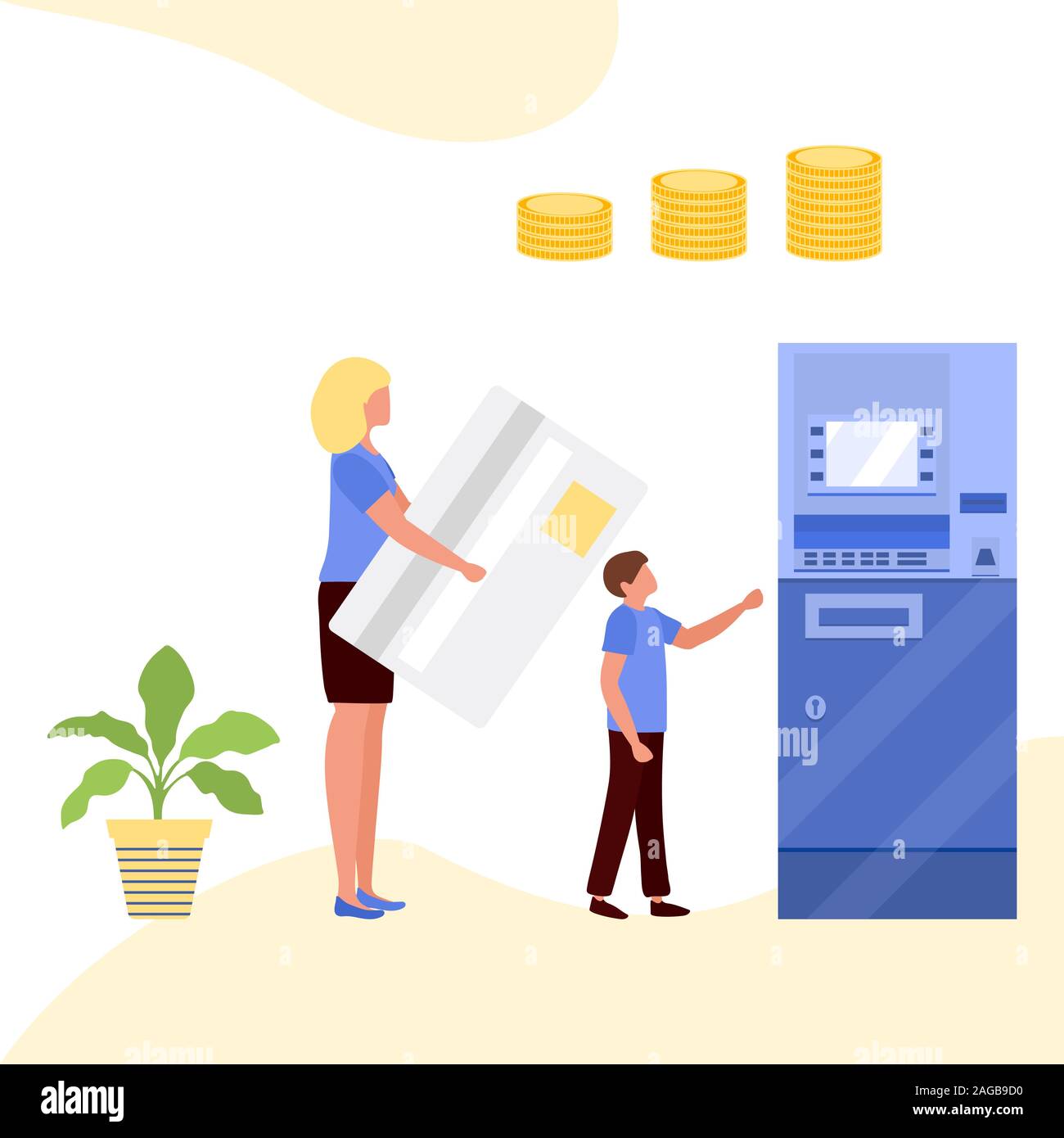 Vector illustration People with bank card near ATM. Cash withdrawal ...