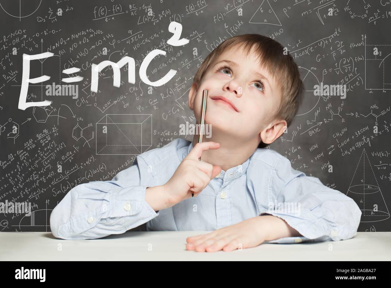 Student little boy and science background. Kid is thinking about ...