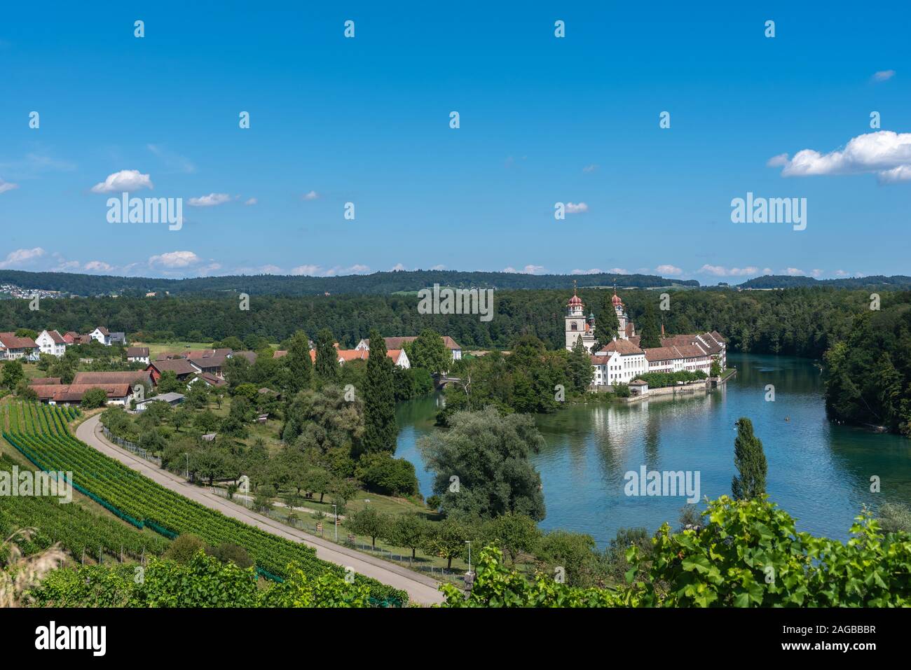 Landscape with the Rhine river and Monastery Island, Rheinau, Canton ...