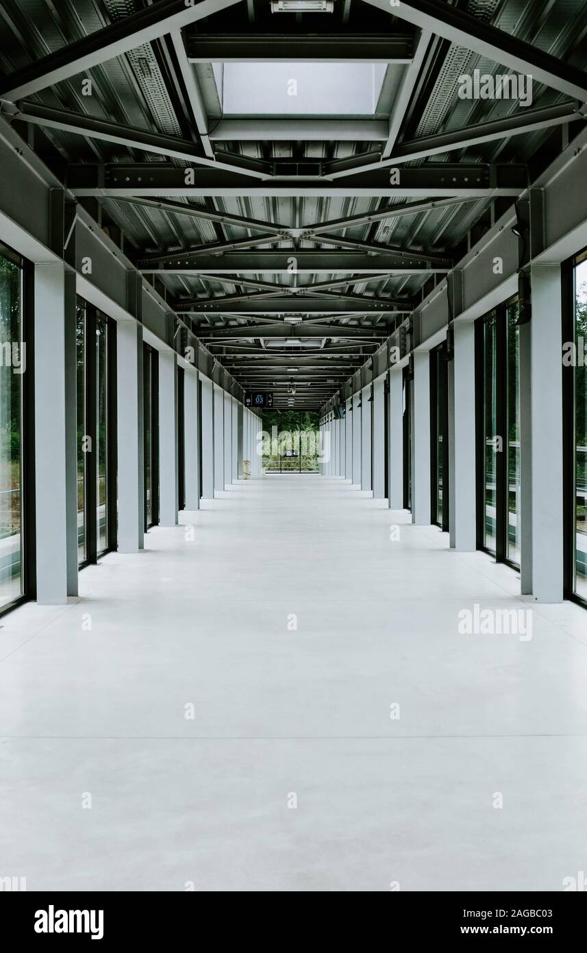 Vertical shot of a white hallway with glass doors and metal ceiling in ...