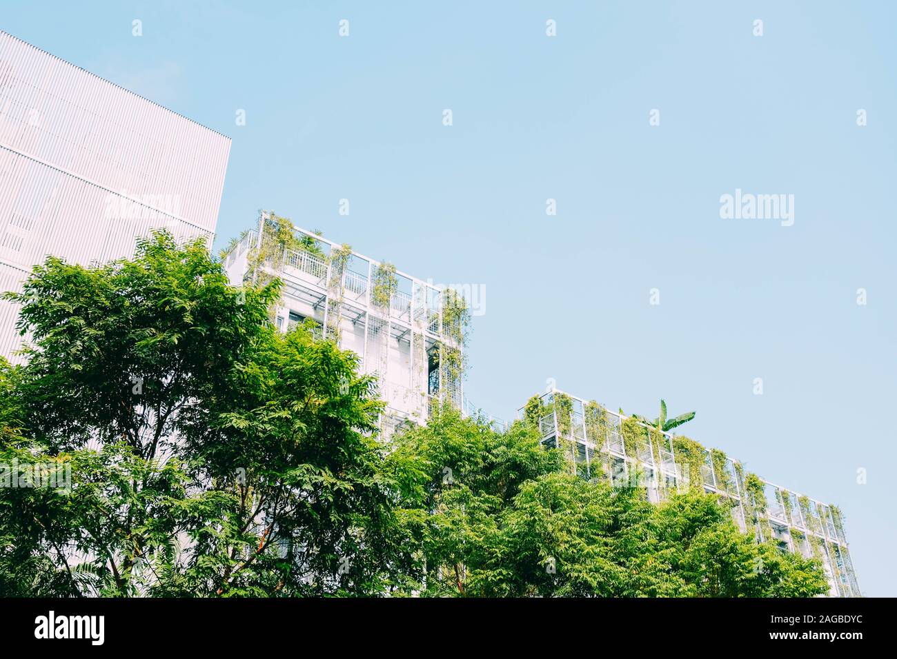 Landscape of white modern buildings covered with greenery under a ...