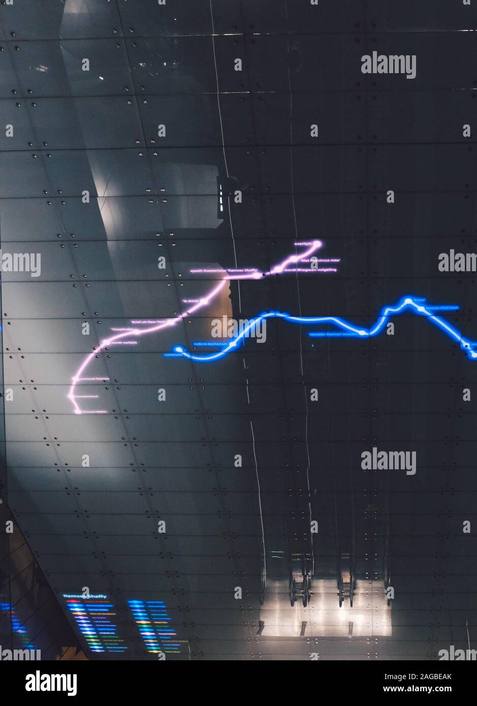 Low angle view of a black roof with pink and blue laser lines on it ...