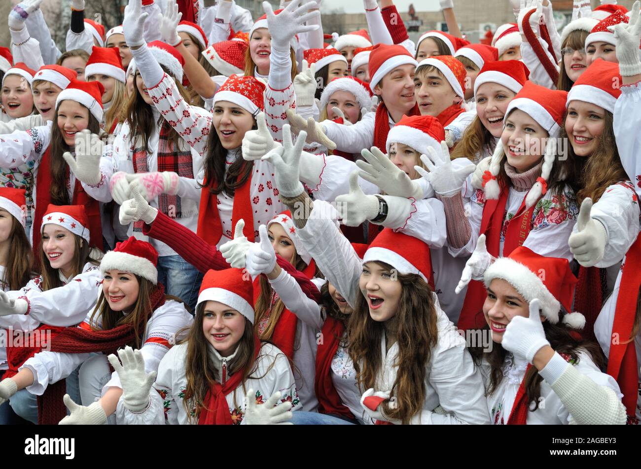 Cherkasy, Ukraine,January,14, 2014: Group of teenagers dressed as Santa ...