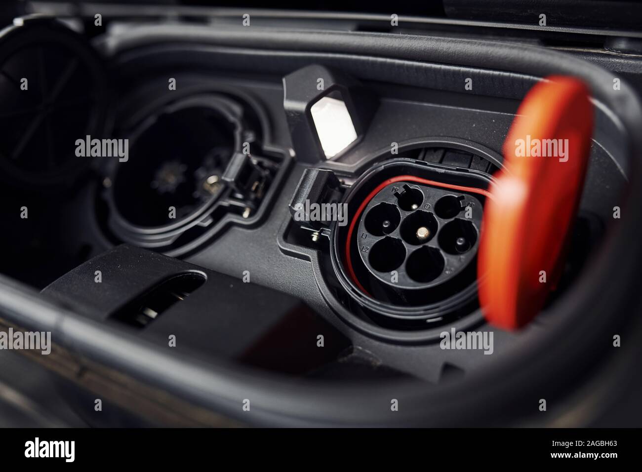 Charging inputs of brand new electrical car. Modern fuel. Conception of ...