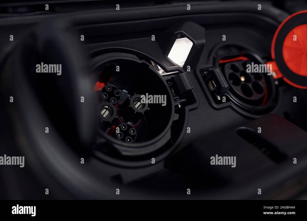 Charging inputs of brand new electrical car. Modern fuel. Conception of ...