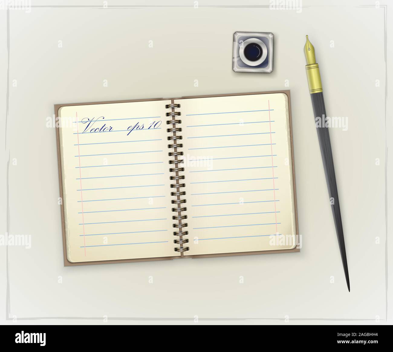 Detailed retro notebook, inkwell and pen. Vector illustration Stock ...