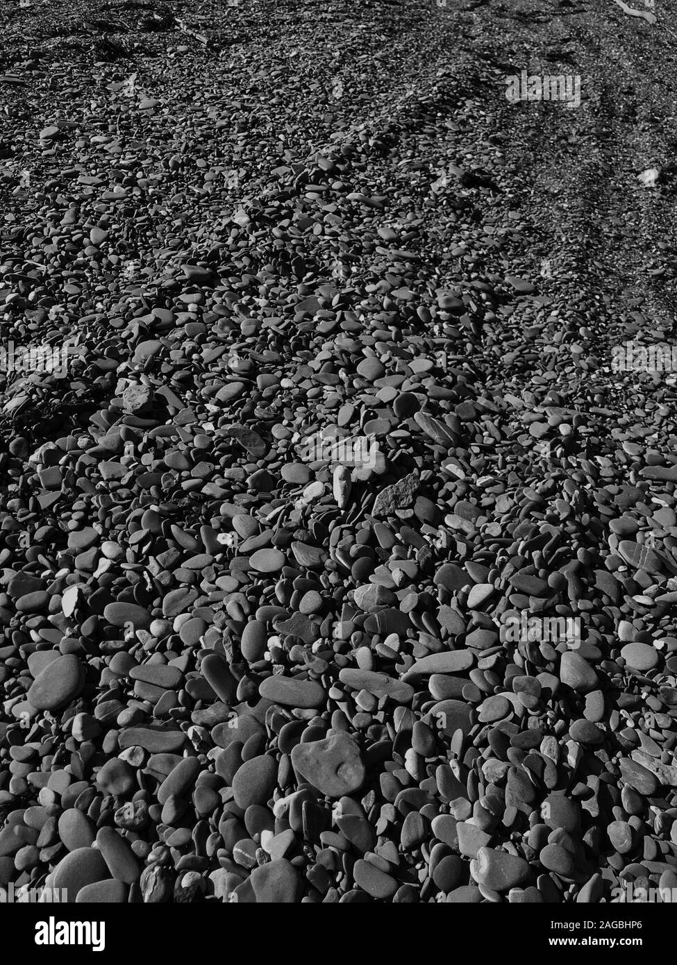 Vertical grey scale of the small rocks and pebbles on the beach Stock ...
