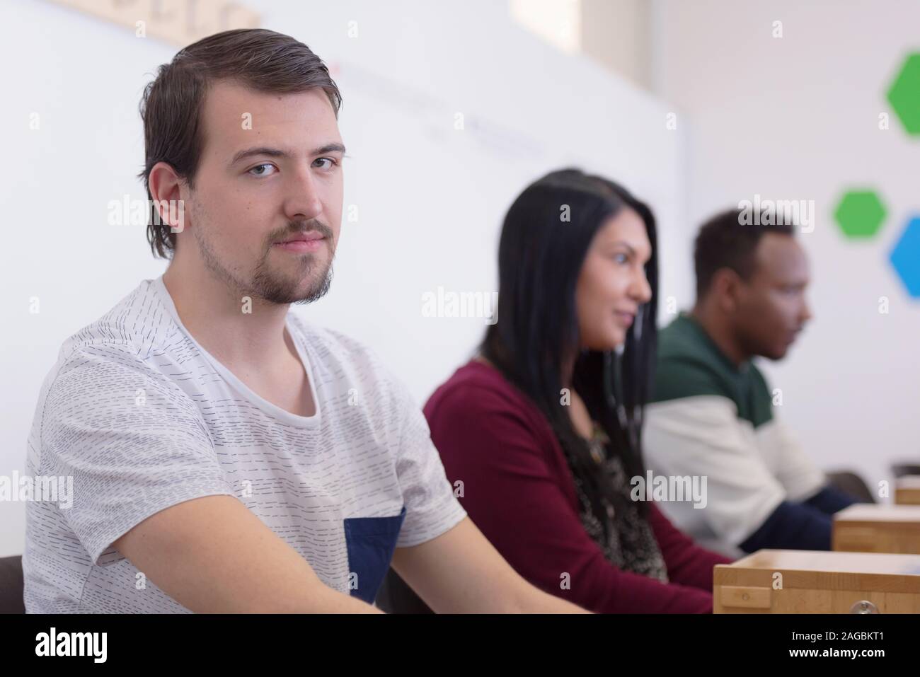 Group of students study in modern school computer lab classroom. Male ...