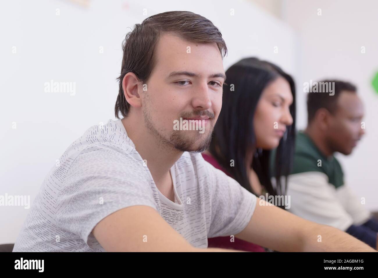 Group of students study in modern school computer lab classroom. Male ...