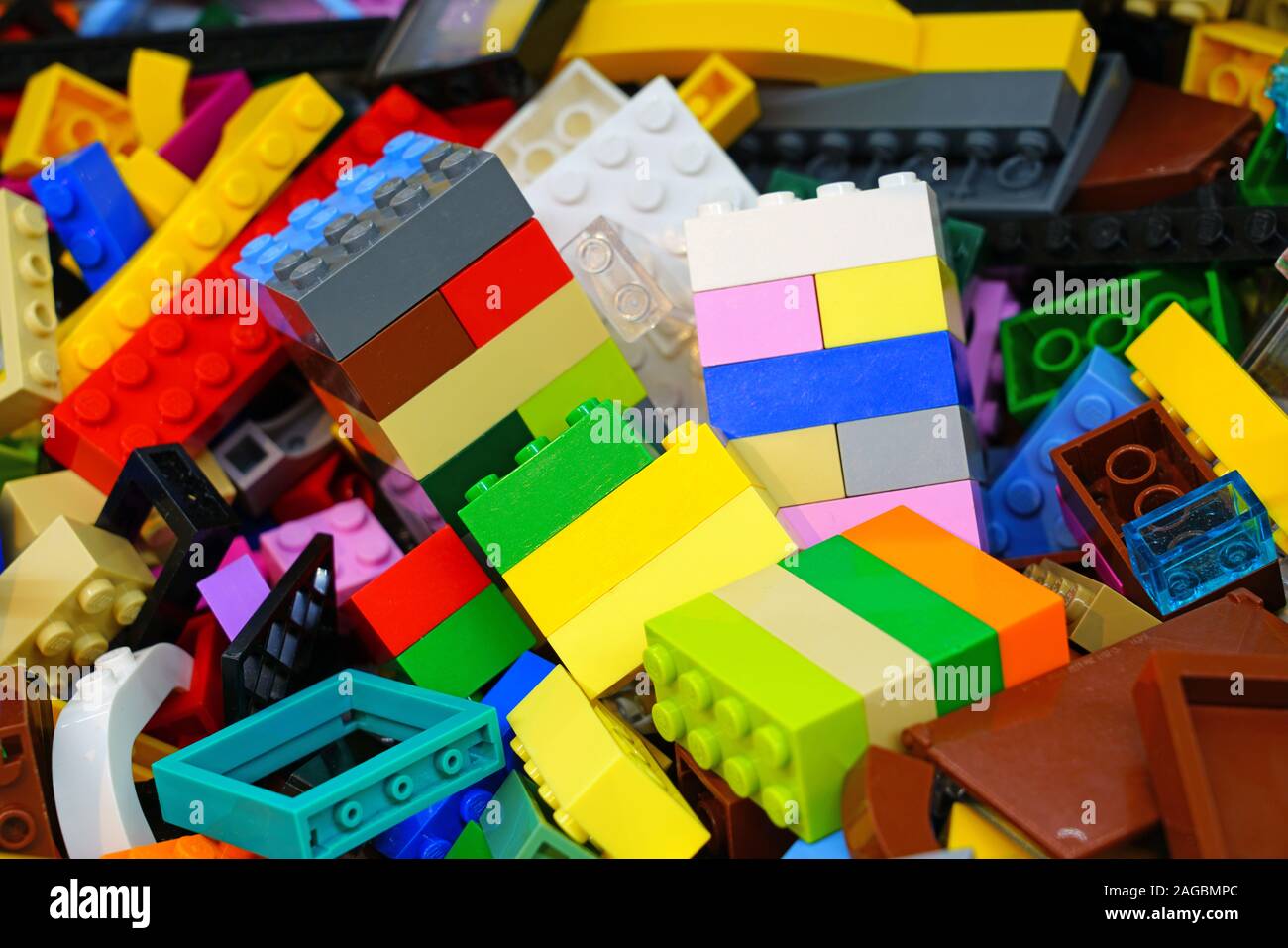 MELBOURNE, AUSTRALIA -16 JUL 2019- View of colorful LEGO bricks and ...