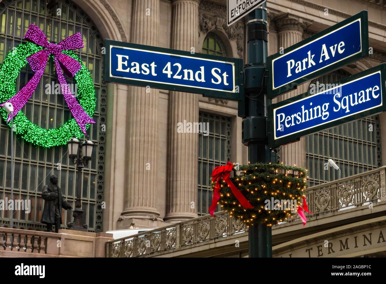 Street Signs and Holiday Lights at Grand Central Terminal and Pershing ...