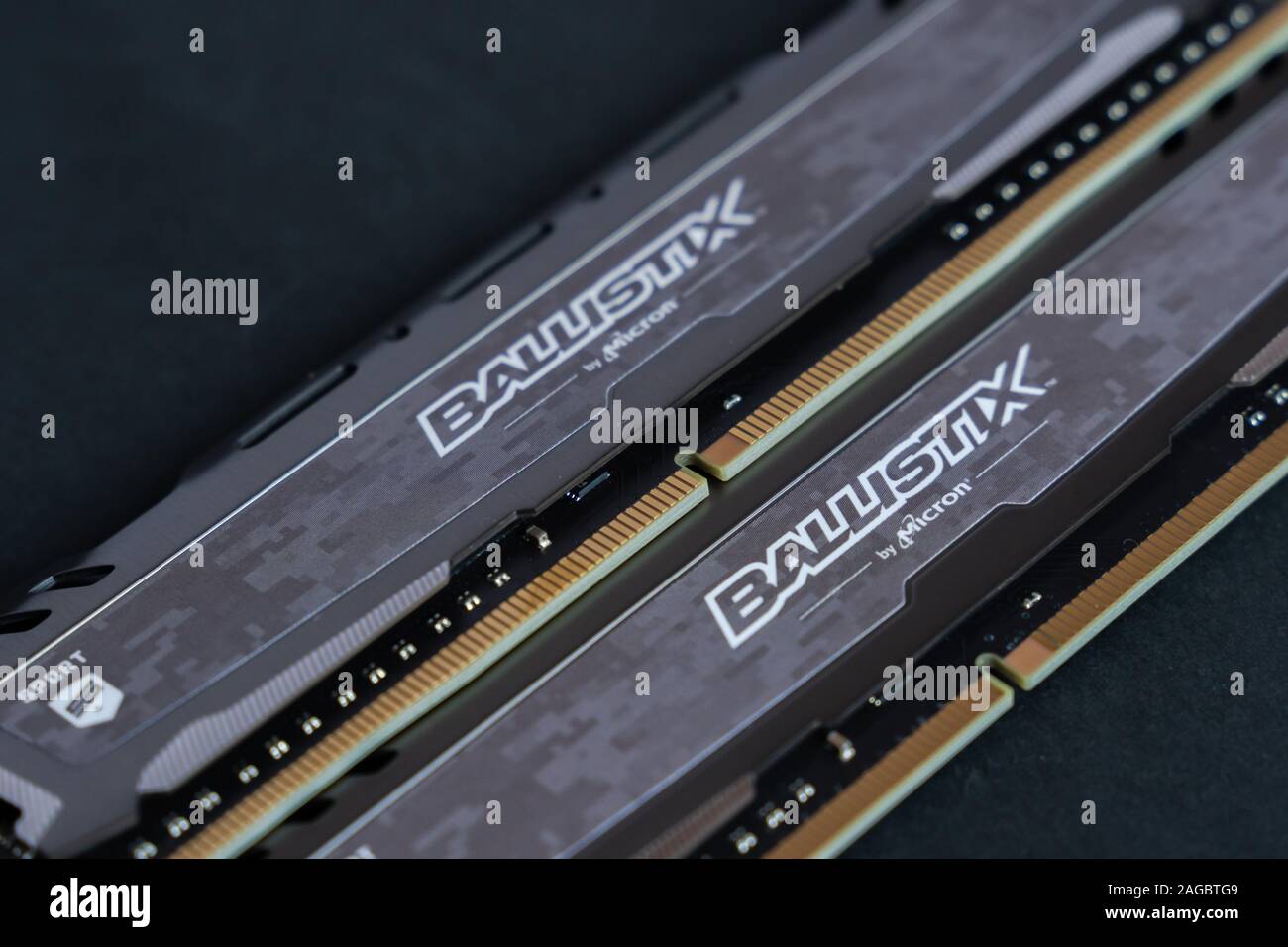 Valencia, Spain - December 07, 2019: Two memory modules. Fast Crucial Ballistix DDR4 RAM, Micron ...