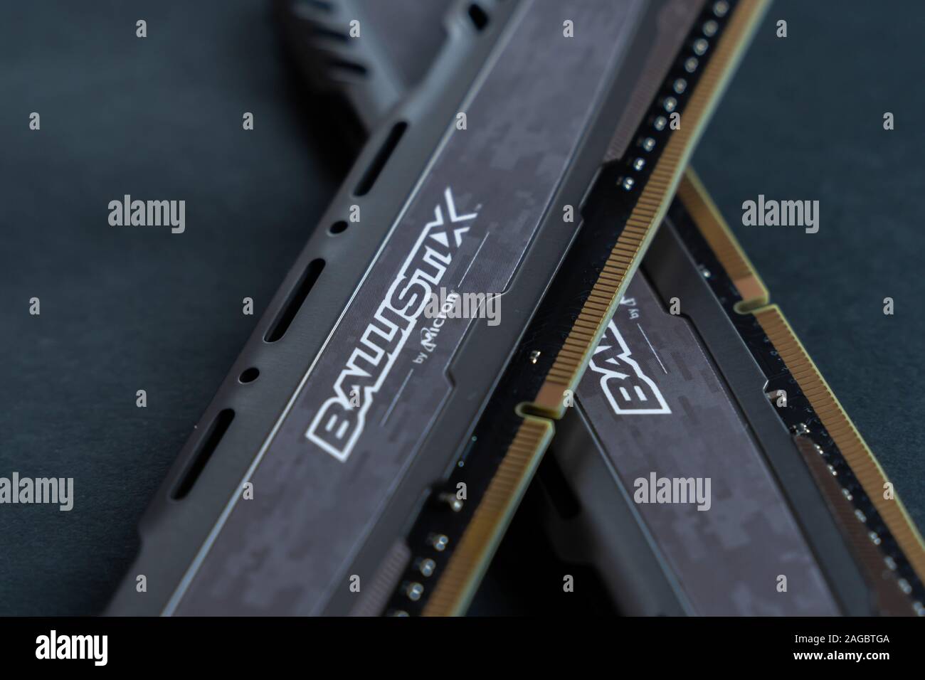 Valencia, Spain - December 07, 2019: Two memory modules. Fast Crucial Ballistix DDR4 RAM, Micron ...