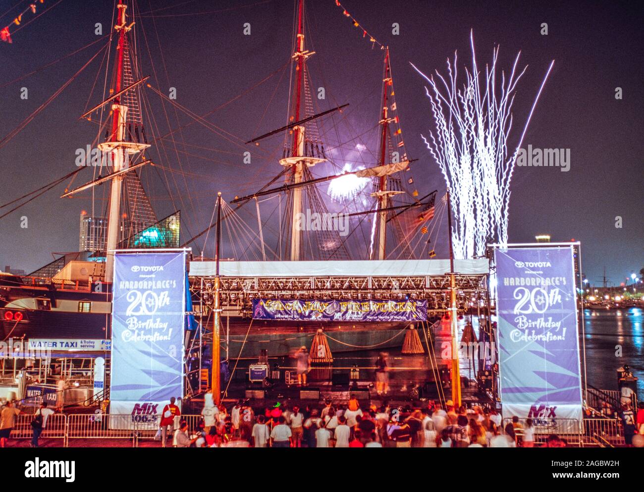 Fireworks being launched from the inner harbor for the Harborplace 20th ...