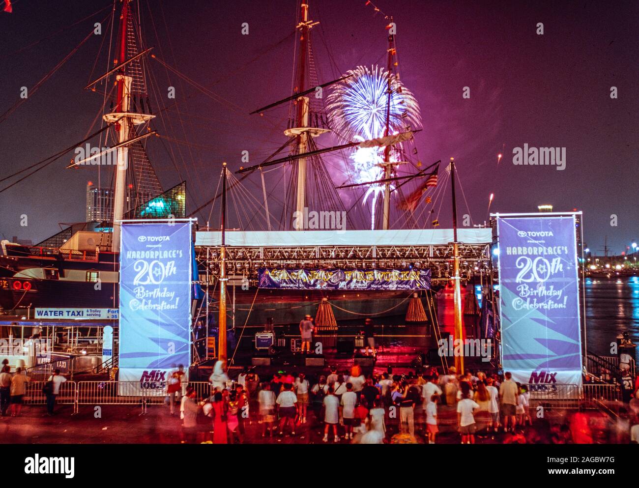 Fireworks being launched from the inner harbor for the Harborplace 20th ...