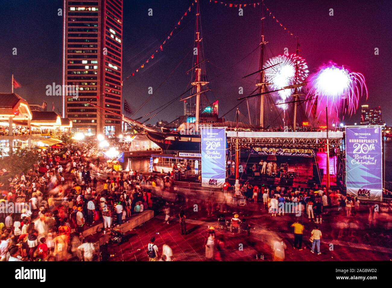 Fireworks being launched from the inner harbor for the Harborplace 20th ...