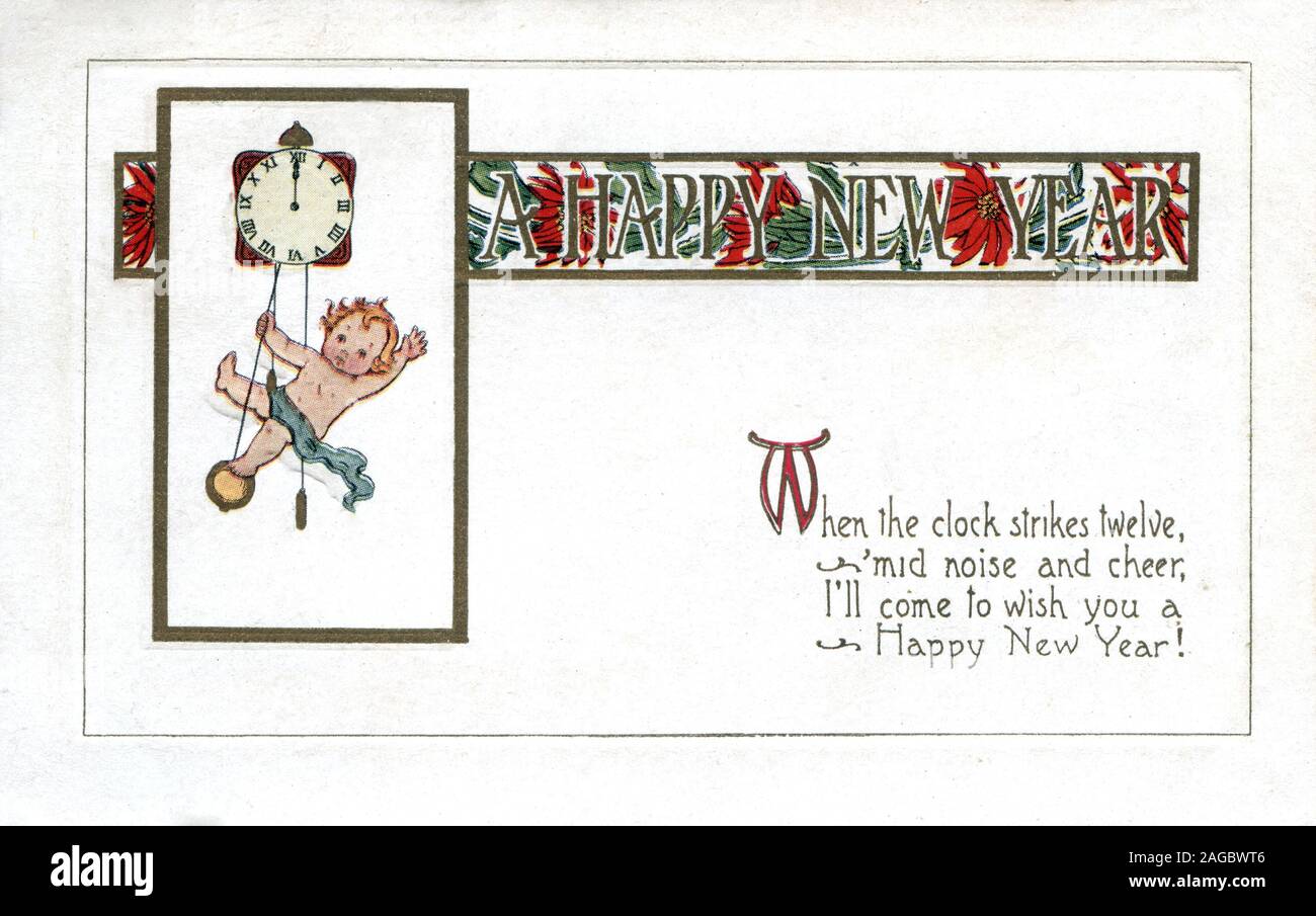 Baby New Year hanging on clock, time Vintage antique holiday ...