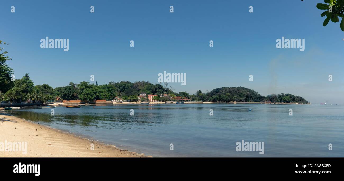 Panorama of Sao roque beach with cloudless blue sky, Paqueta, Rio de ...