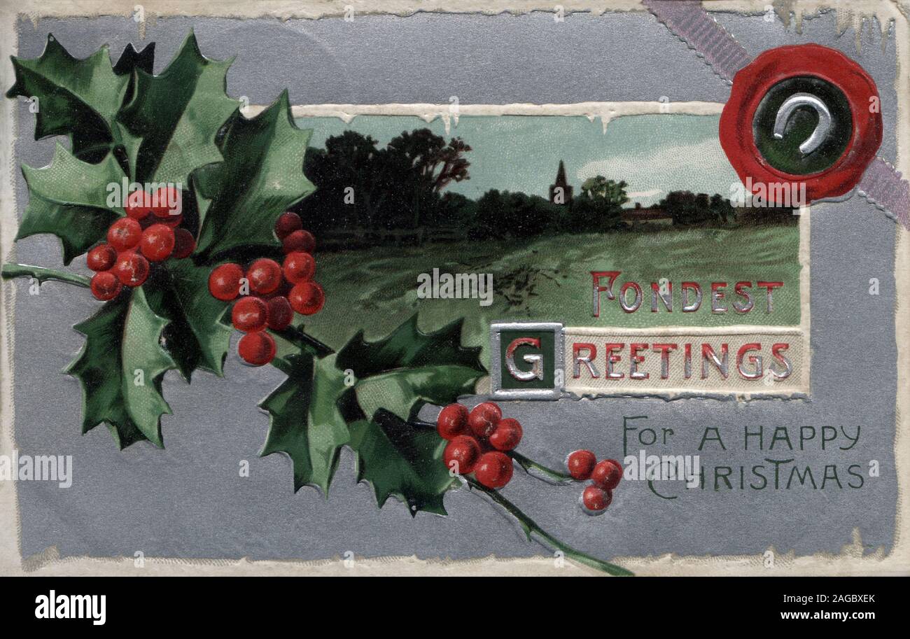 Vintage Christmas Illustration, Old antique holiday postcard greeting card, distressed surface ...