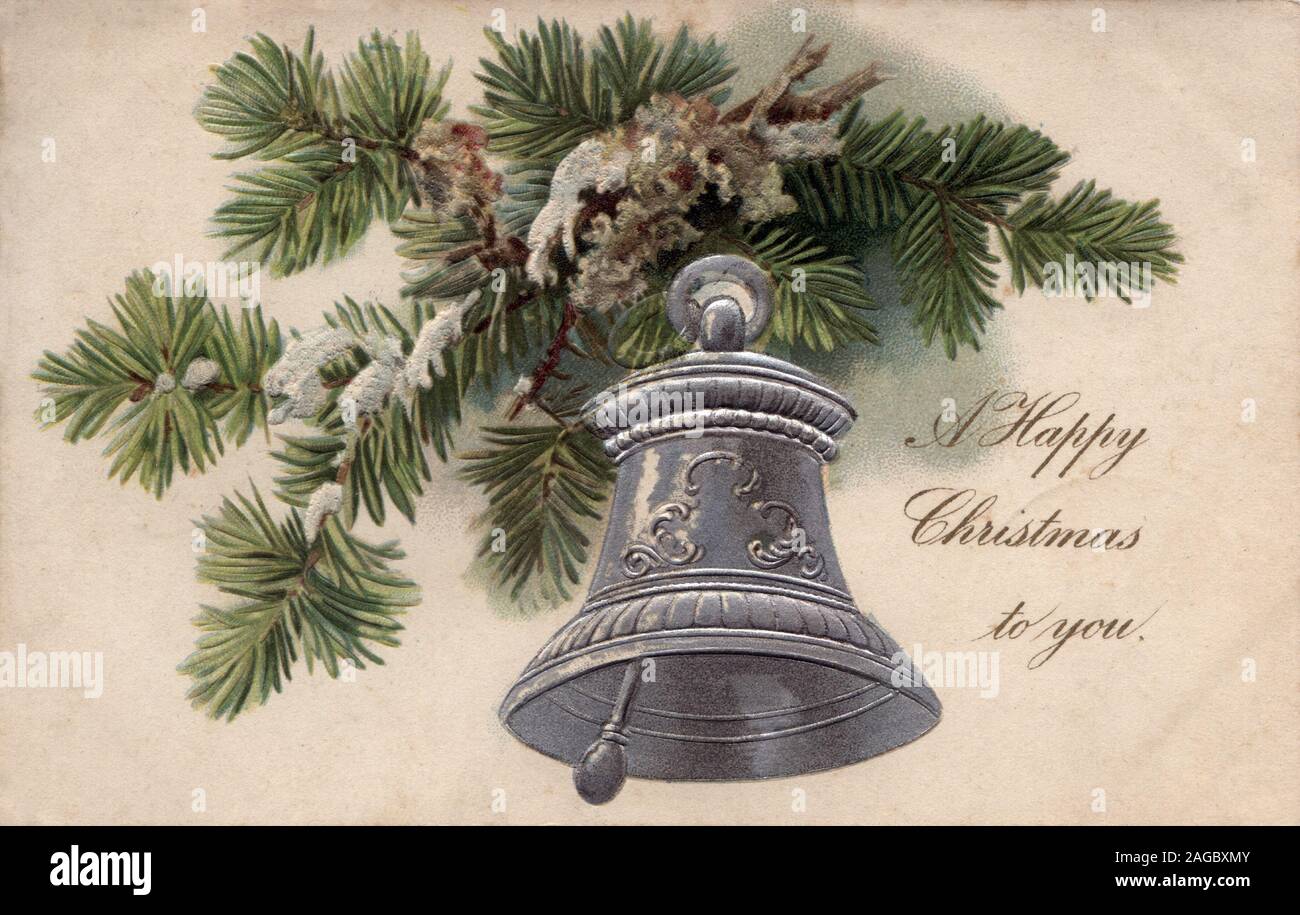 Merry Christmas Bell Vintage Christmas Illustration, Old antique holiday postcard greeting card ...