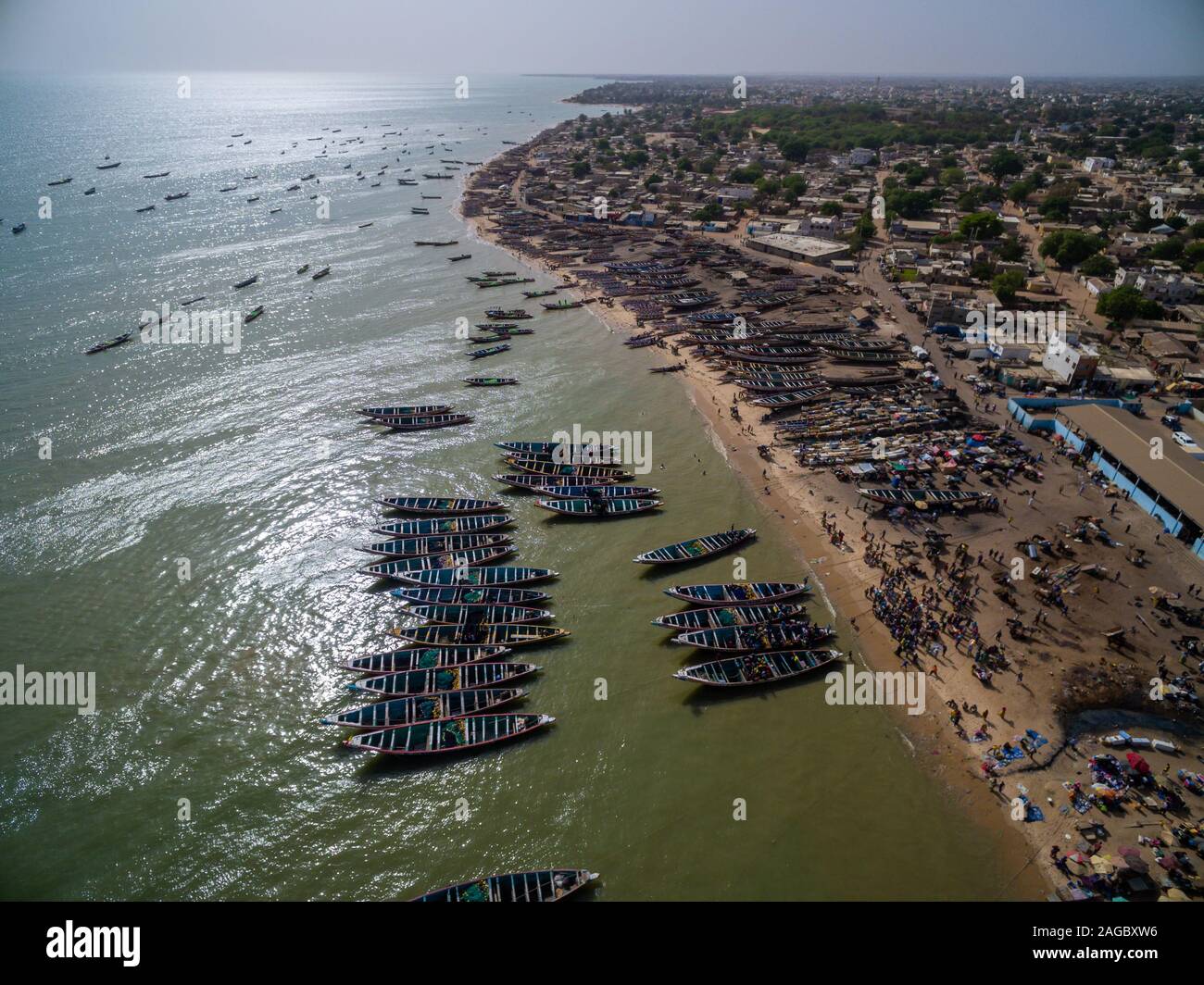 High angle shot of the fishing boats by the beach captured in Senegal ...