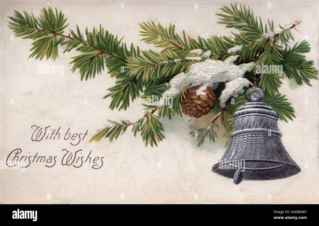 Vintage Postcard Merry Christmas showing winter scene bell evergreen pine branch snow Stock ...