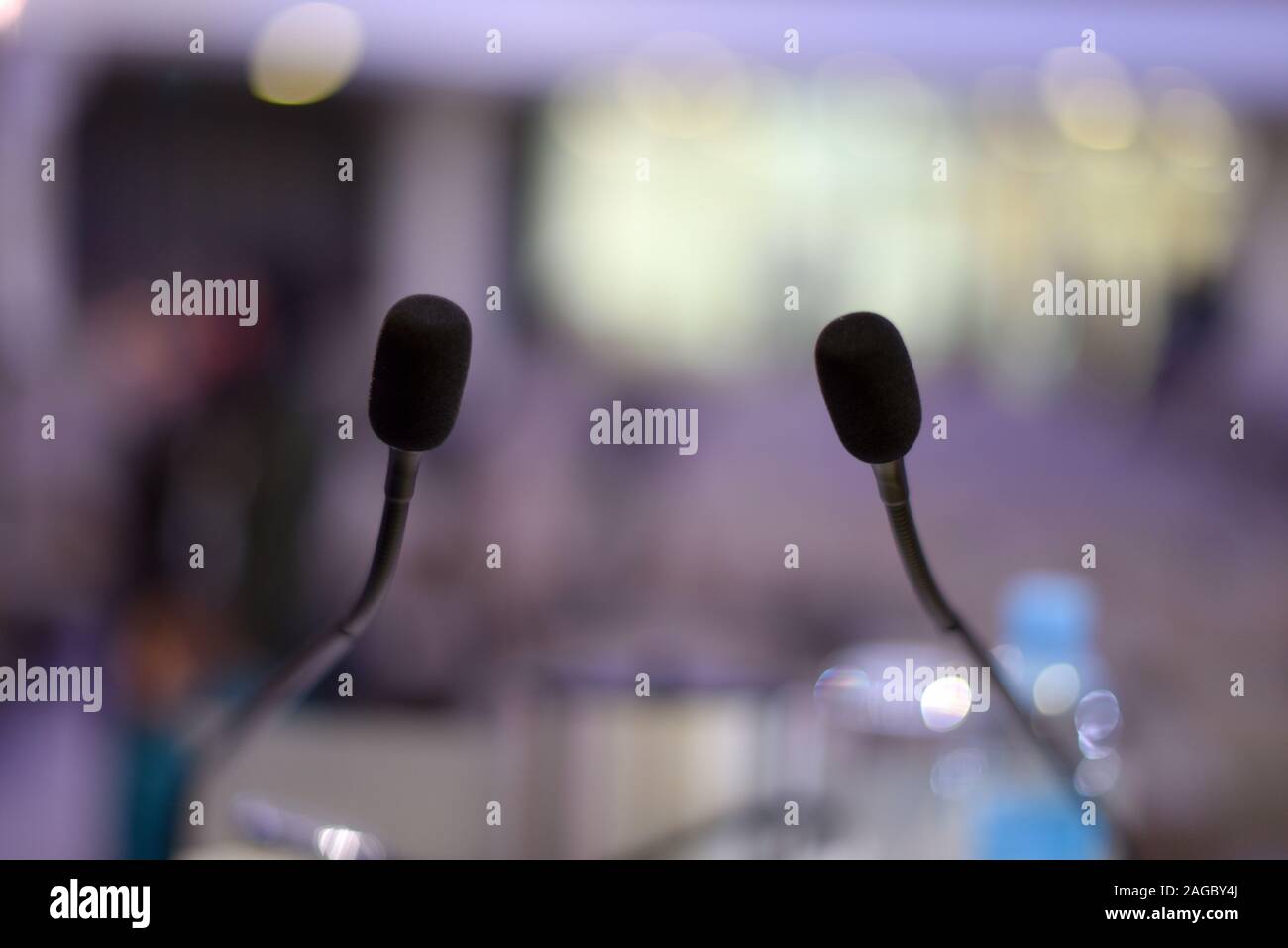 Microphones during business conference in conference room or hall ...