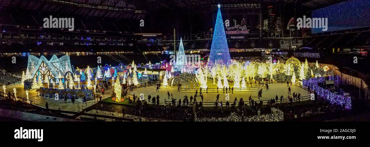 Panorama image of Enchant Christmas at Seattle's T-Mobile Park. # ...