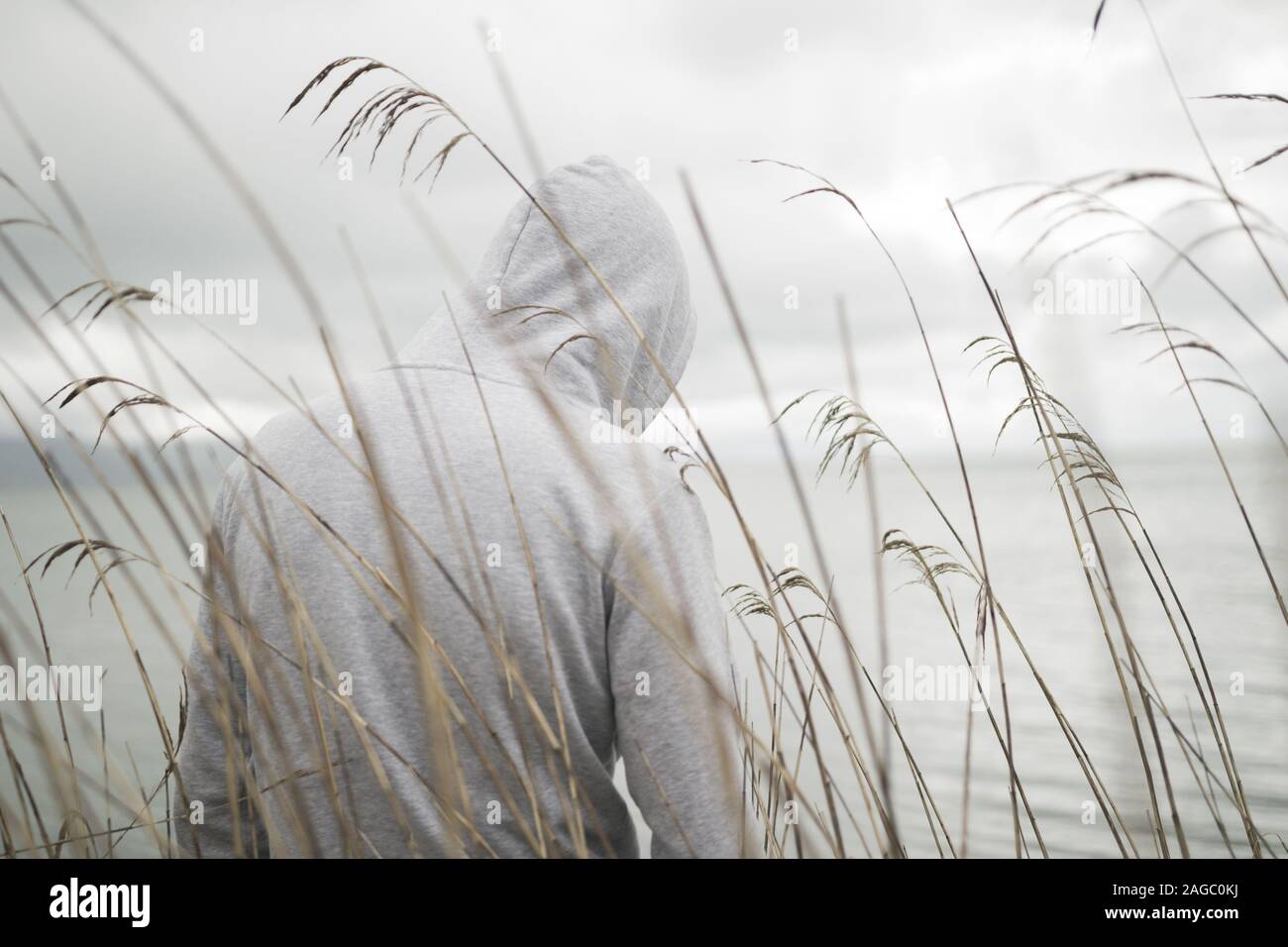 A lonely sad person from behind with a hoodie sitting near the sea ...