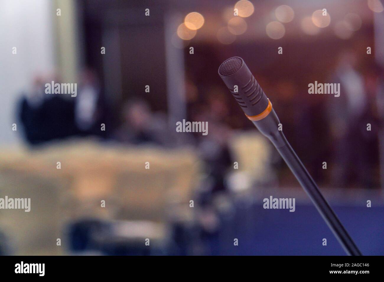 Front view of the microphones during business conference in conference ...