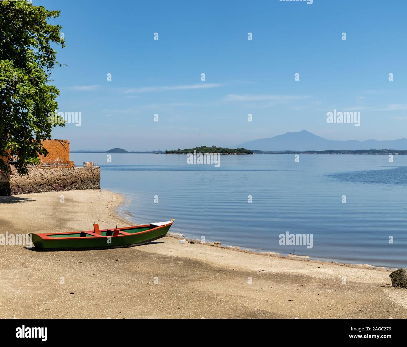 Boat in the sand at the corner of Sao Roque beach, Paqueta, Rio de ...