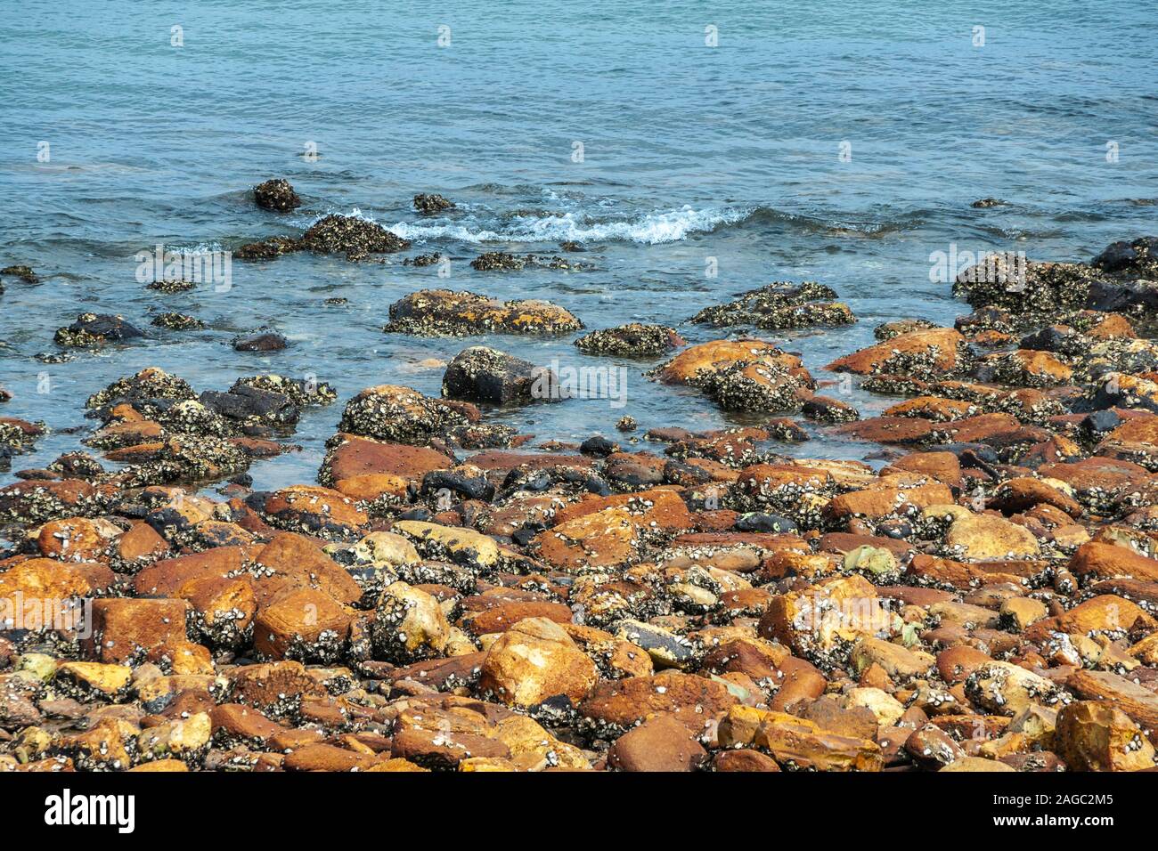 Newcastle, Australia - December 10, 2009: Closeup of rust-colored rocks ...