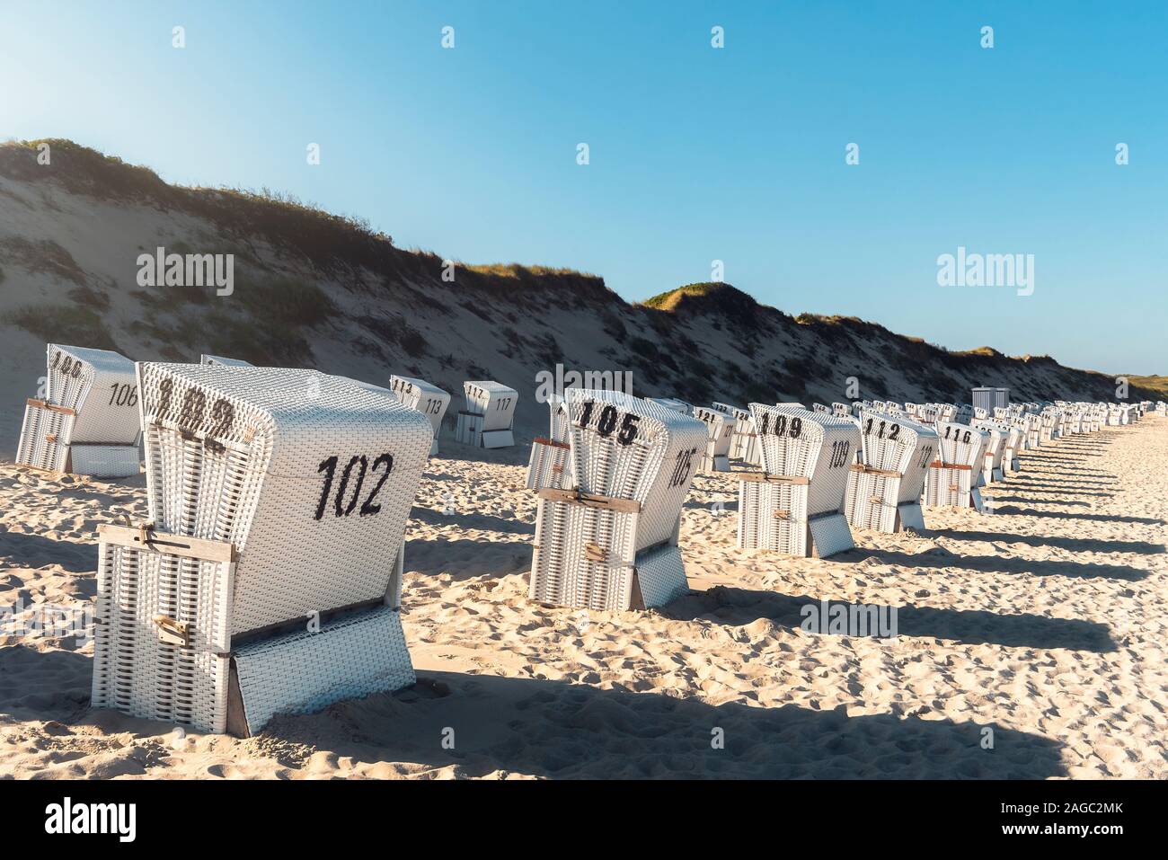 German beach with wicker chairs and dunes with marram grass, in the ...