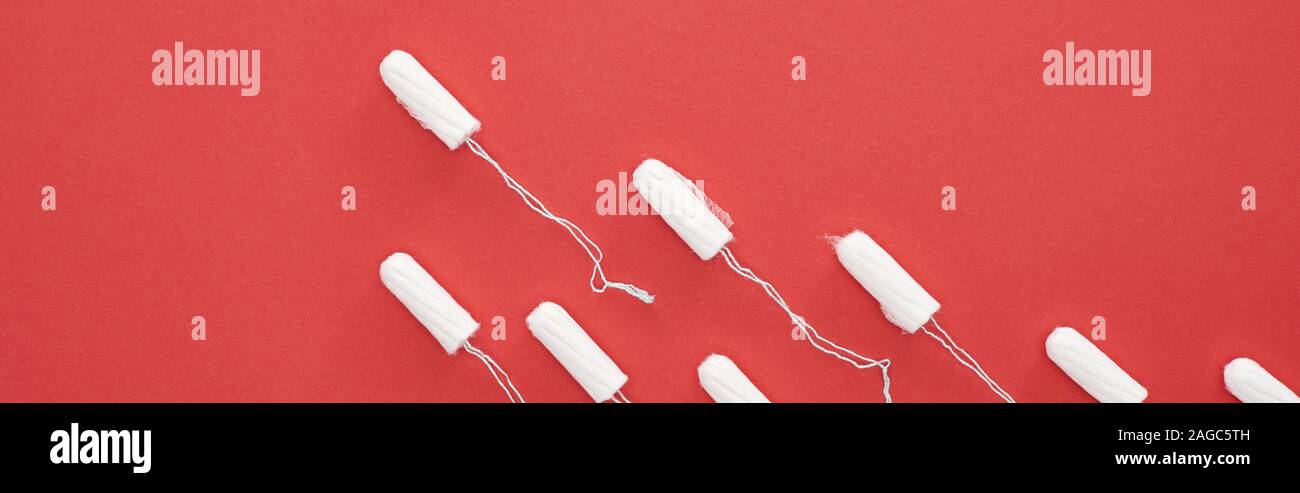 flat lay with white cotton tampons isolated on red, panoramic shot ...