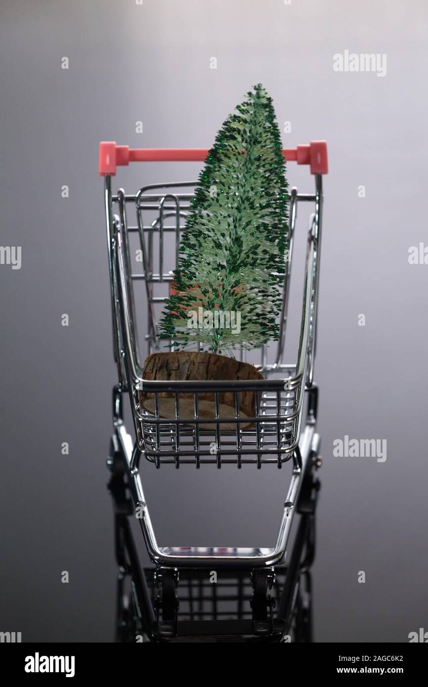 Front Top View of Mini Christmas Tree Inside Tiny Shopping Trolley on ...
