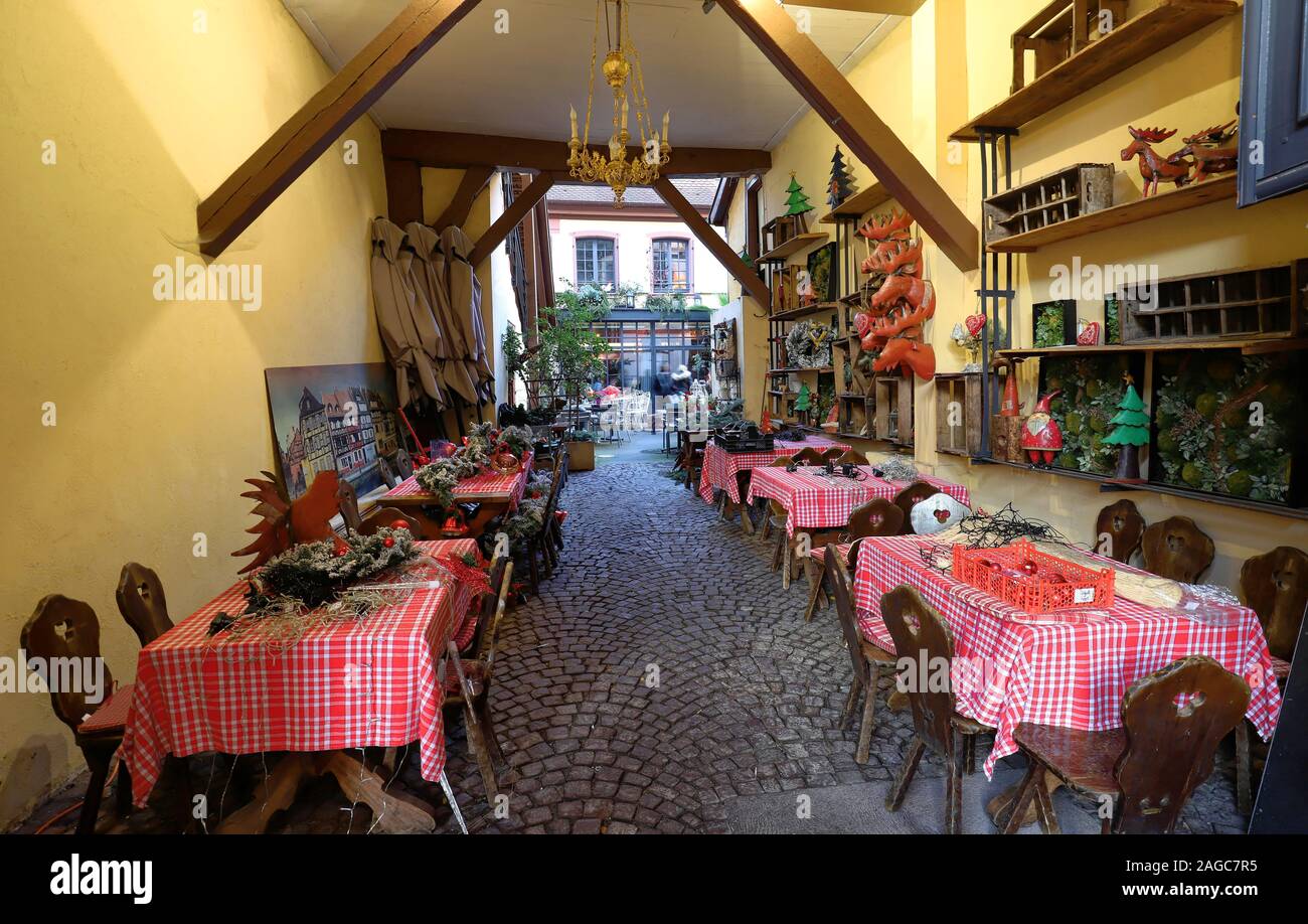 The traditional Alsatian restaurant decorated for Christmas. Colmar ...