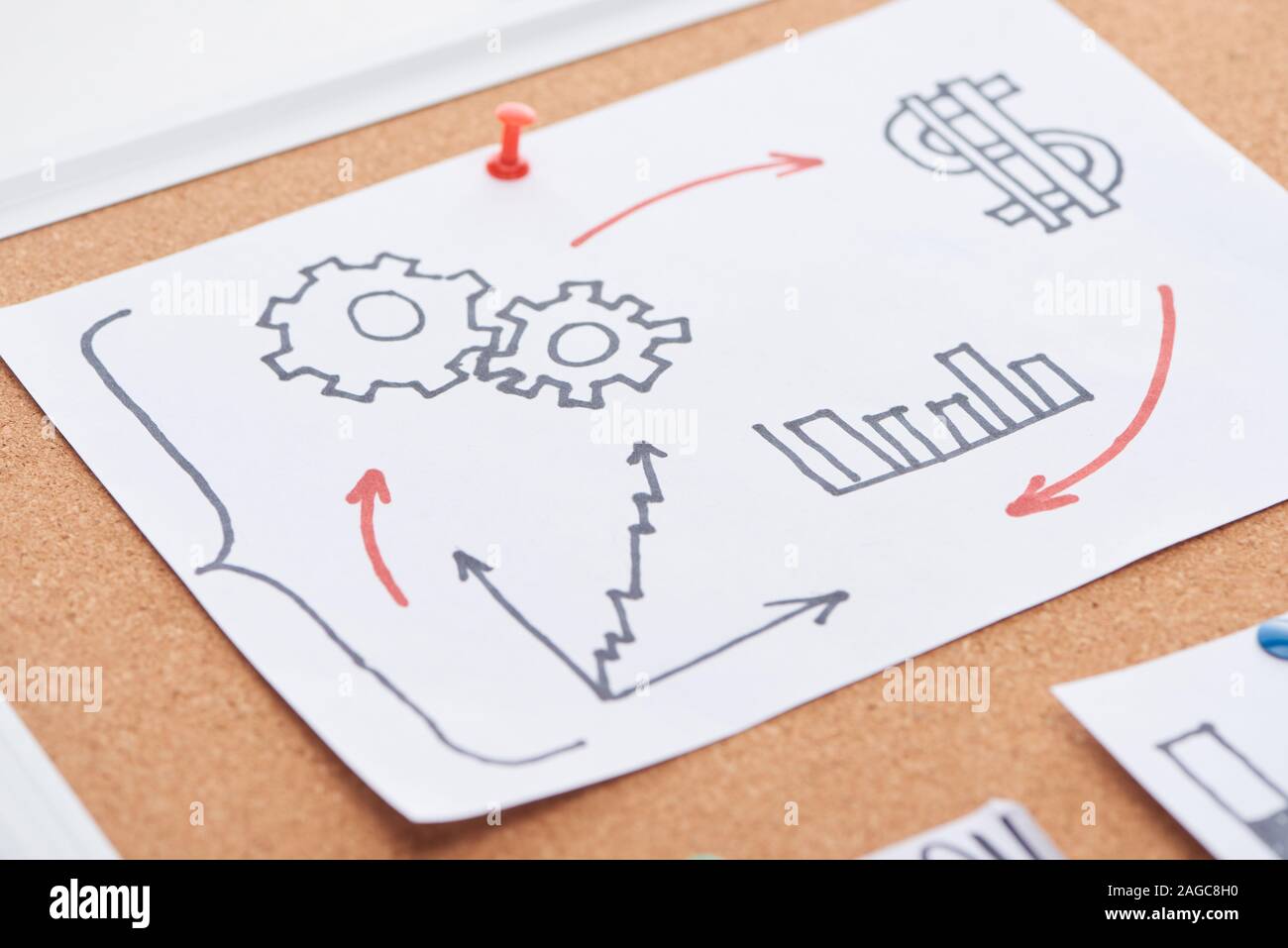 paper card with increase charts, dollar sign and gearwheels pictures ...