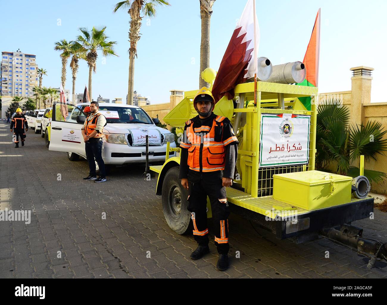 Gaza. 18th Dec, 2019. Palestinian firefighters are seen during a ...