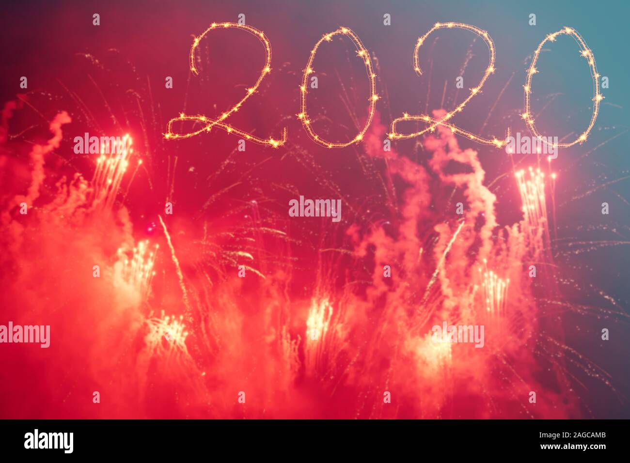 New Year 2020 celebration. Magic holiday background with fireworks ...