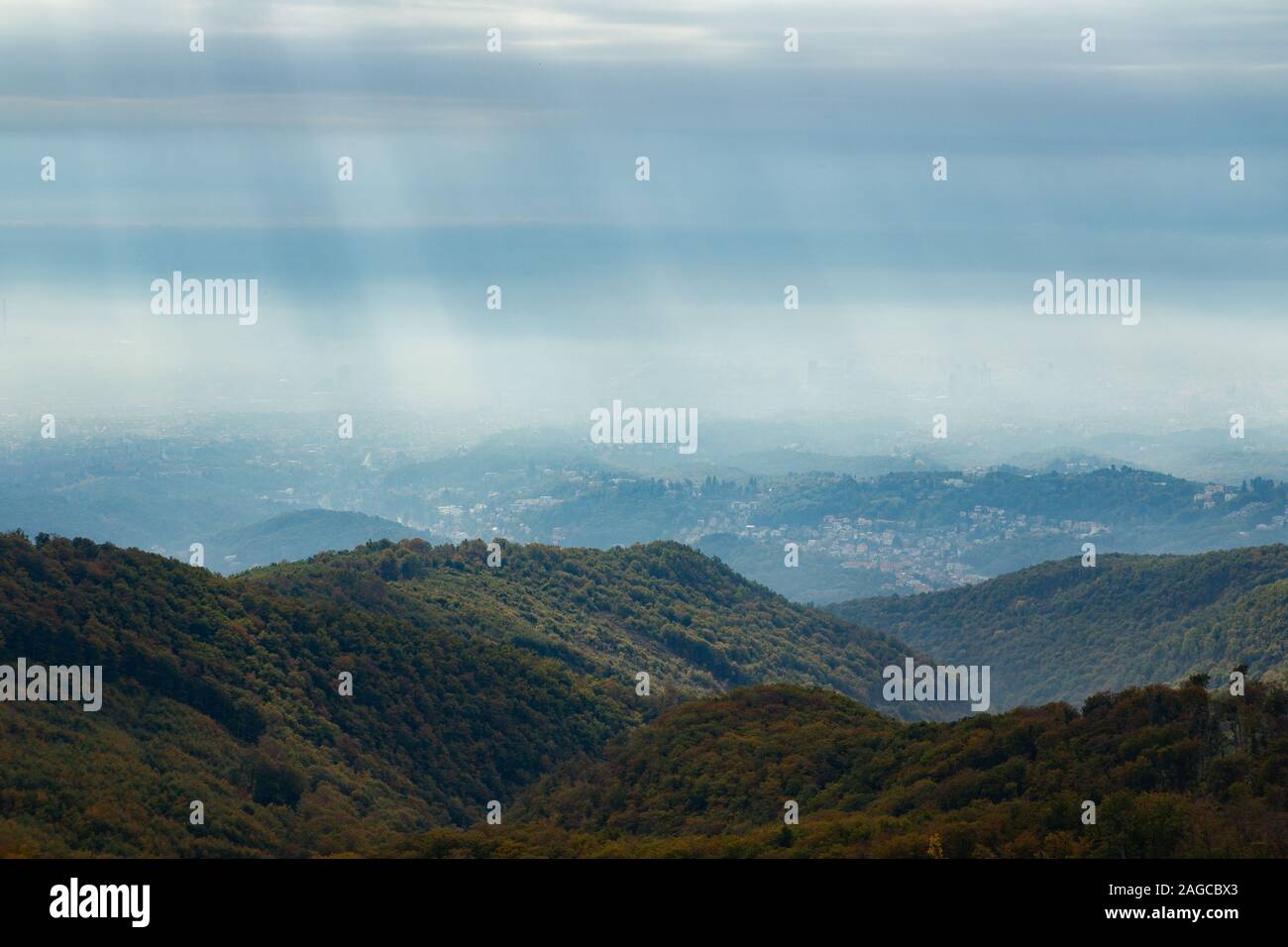 High angle shot of mountain Medvednica in Zagreb Croatia on a foggy ...