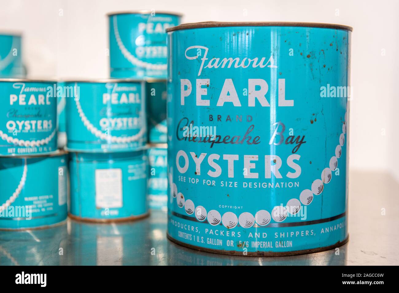 Packaged cans of oysters awaiting sale , Chesapeake Beach, Maryland ...
