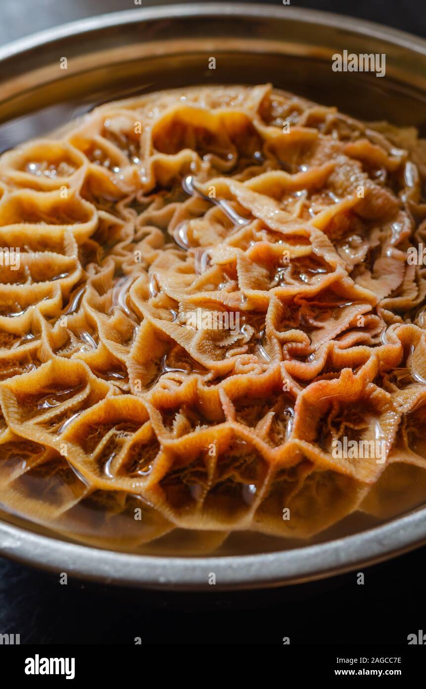 Close-up of a raw cow stomach (mesh). Fresh beef stomach in a bowl of ...