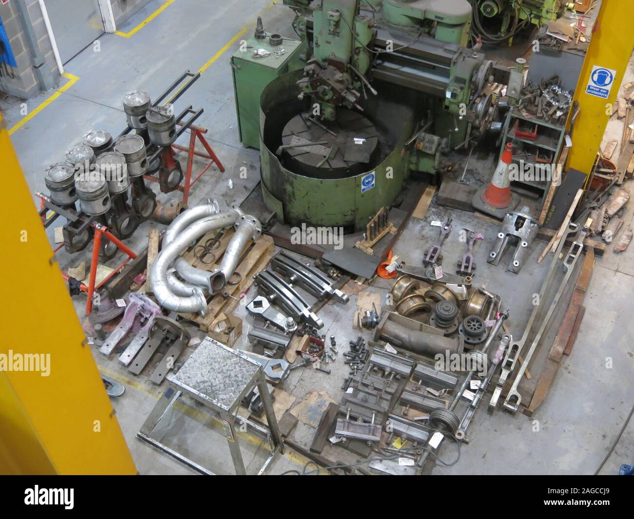 Aerial view of an array of spare train engine parts in the storage ...