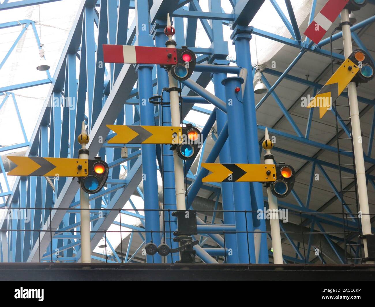 Array of red and yellow signals for home and distance in the roof space ...