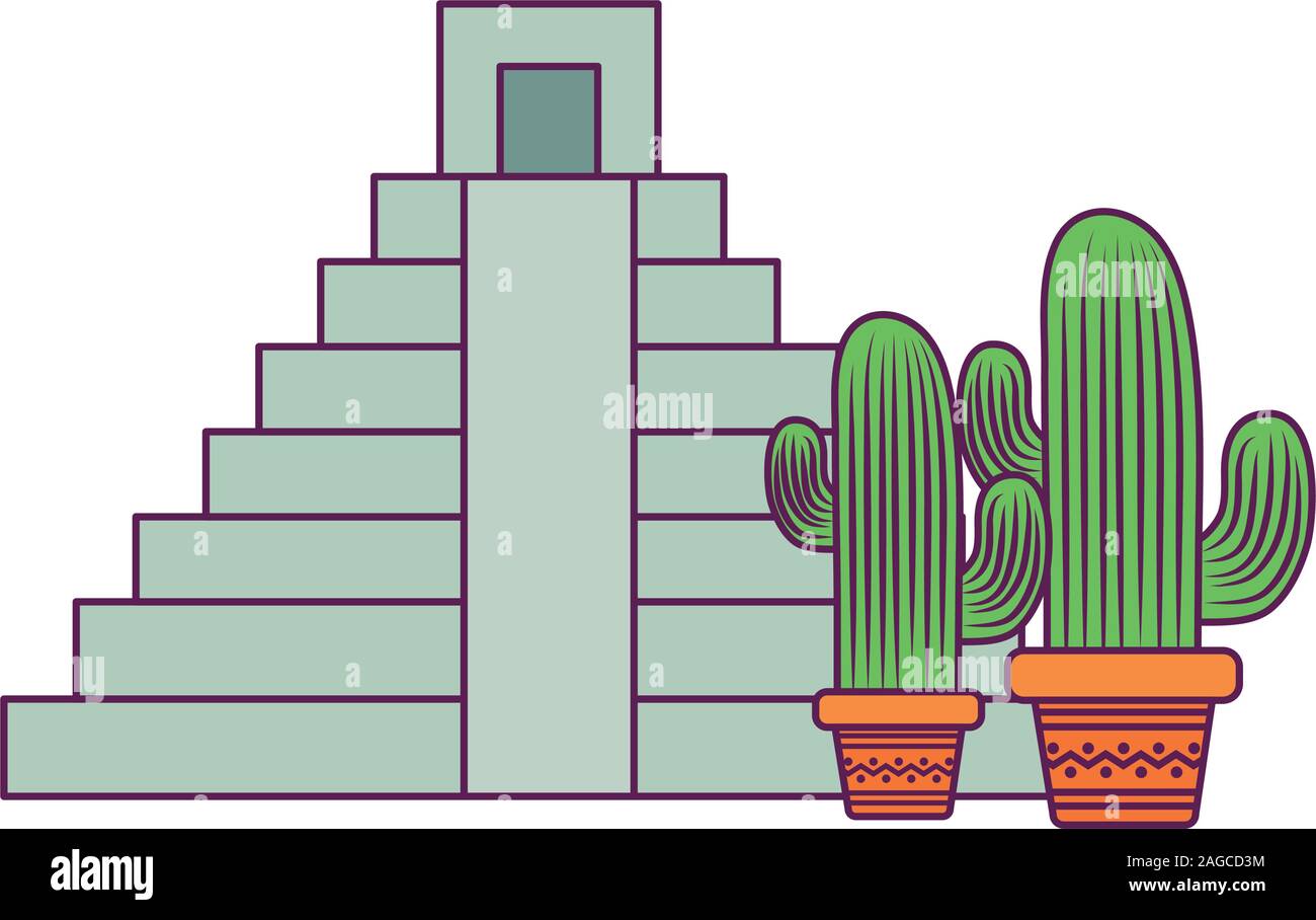Mexican pyramid and cactus design, Mexico culture tourism landmark ...
