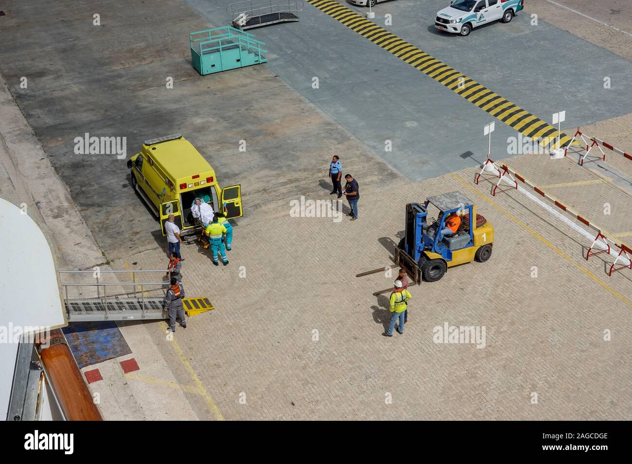 Aruba-11/4/19: An ambulance on a cruise ship dock in Aruba waiting to ...