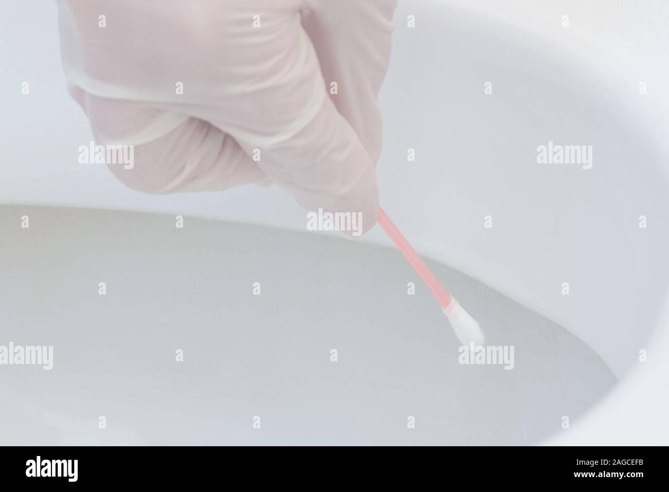 Scientist takes a swab with a cotton swab from the toilet close up ...