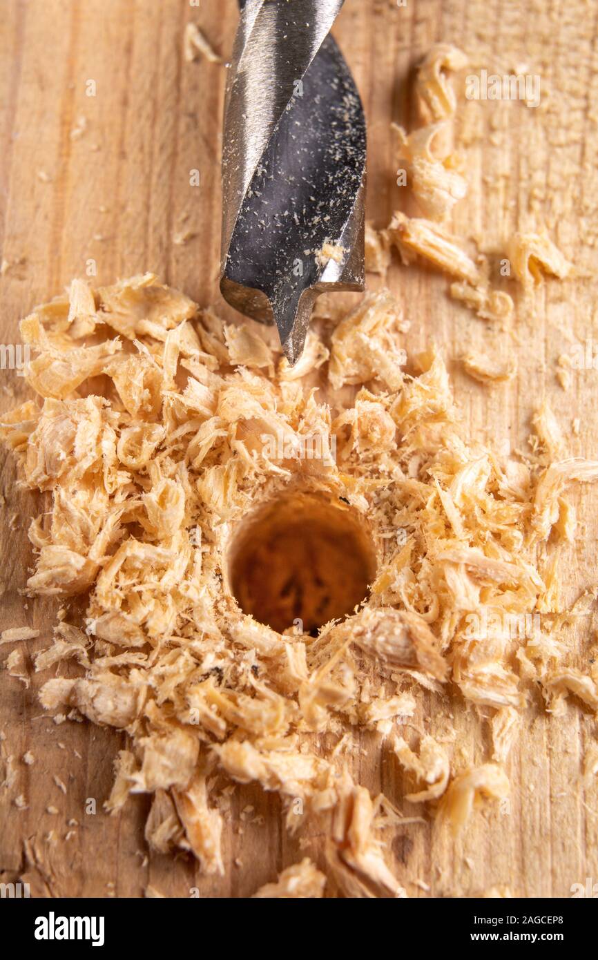 Drilling with a drill bit into wood. Small carpentry work in a ...