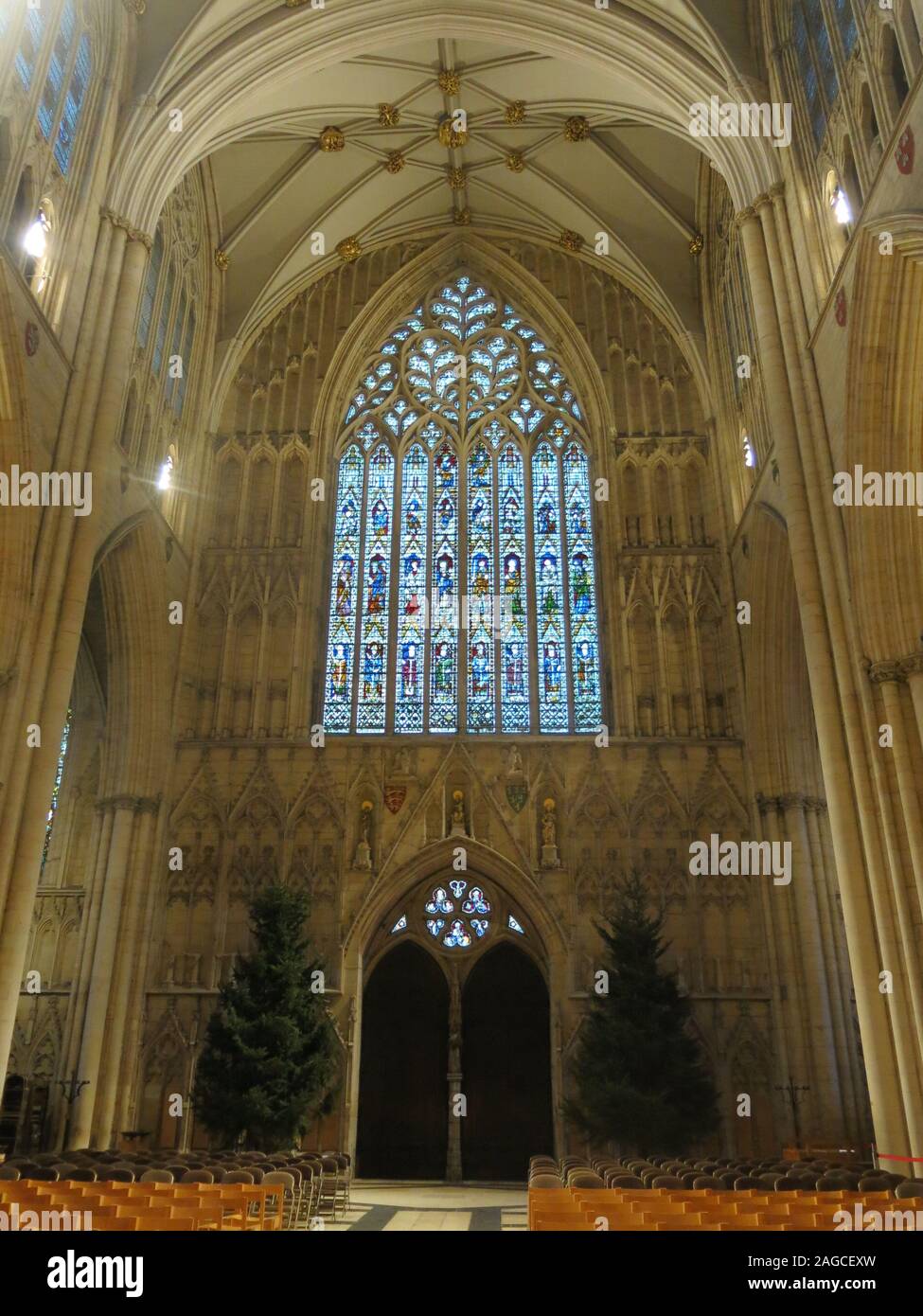 The interior of York Minster showing the Great East Window Stock Photo ...